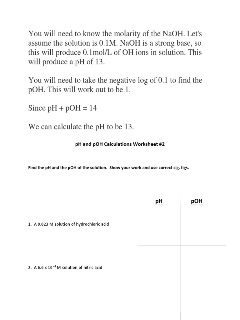 pH and pOH Calculations Worksheet | PDF