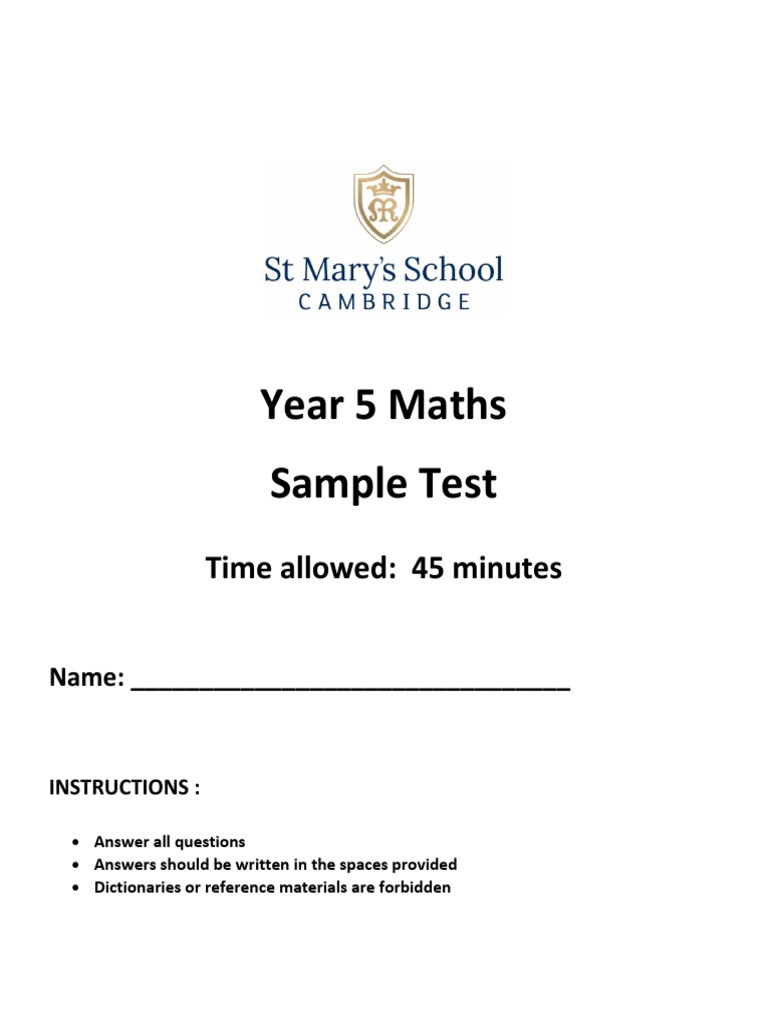 Admission Test Paper For Mathematics (Year 5 Cam 4) | PDF ...