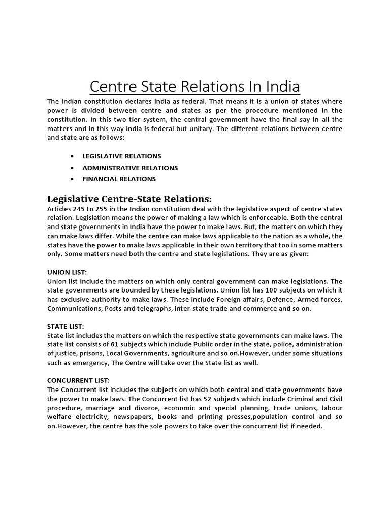Centre State Relations in India | PDF | Public Sphere | Government