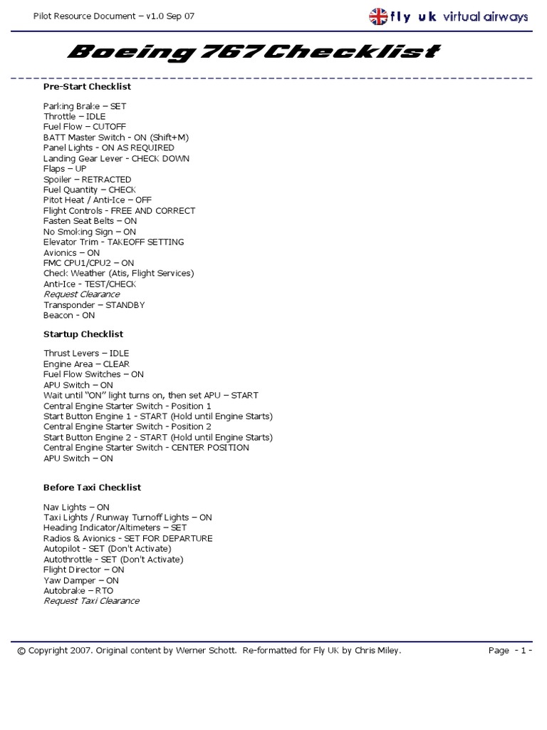 Ukv PRD B767 Checklist PDF | PDF | Takeoff | Aviation