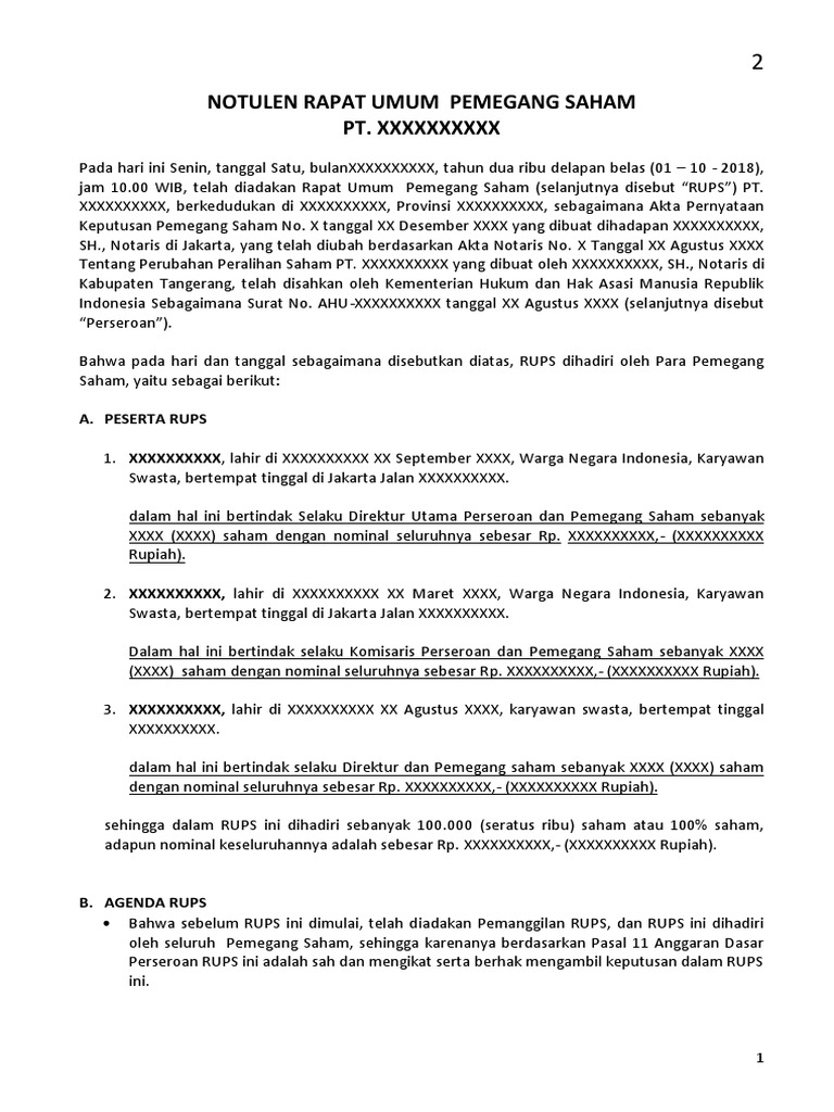 Contoh Notulen Rapat Umum Pemegang Saham (Rups) | PDF