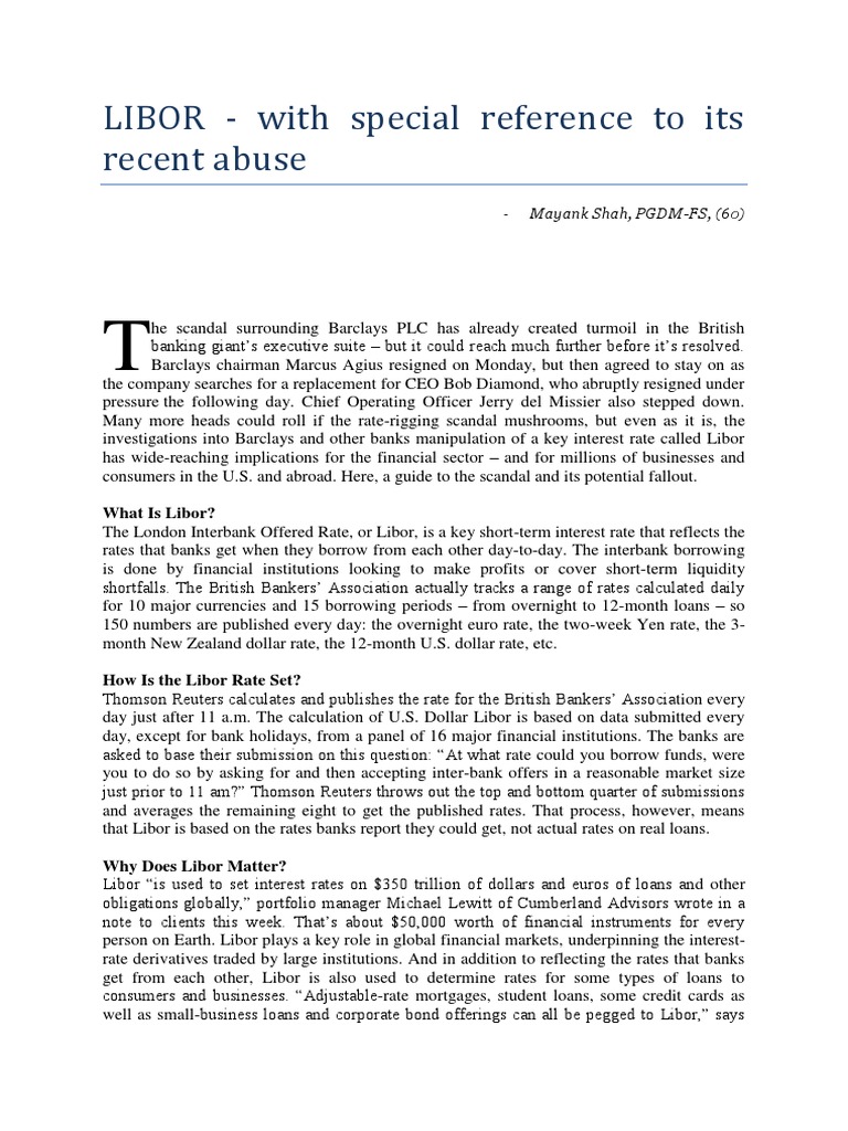 LIBOR - With Special Reference To Its Recent Abuse | PDF | Libor | Barclays