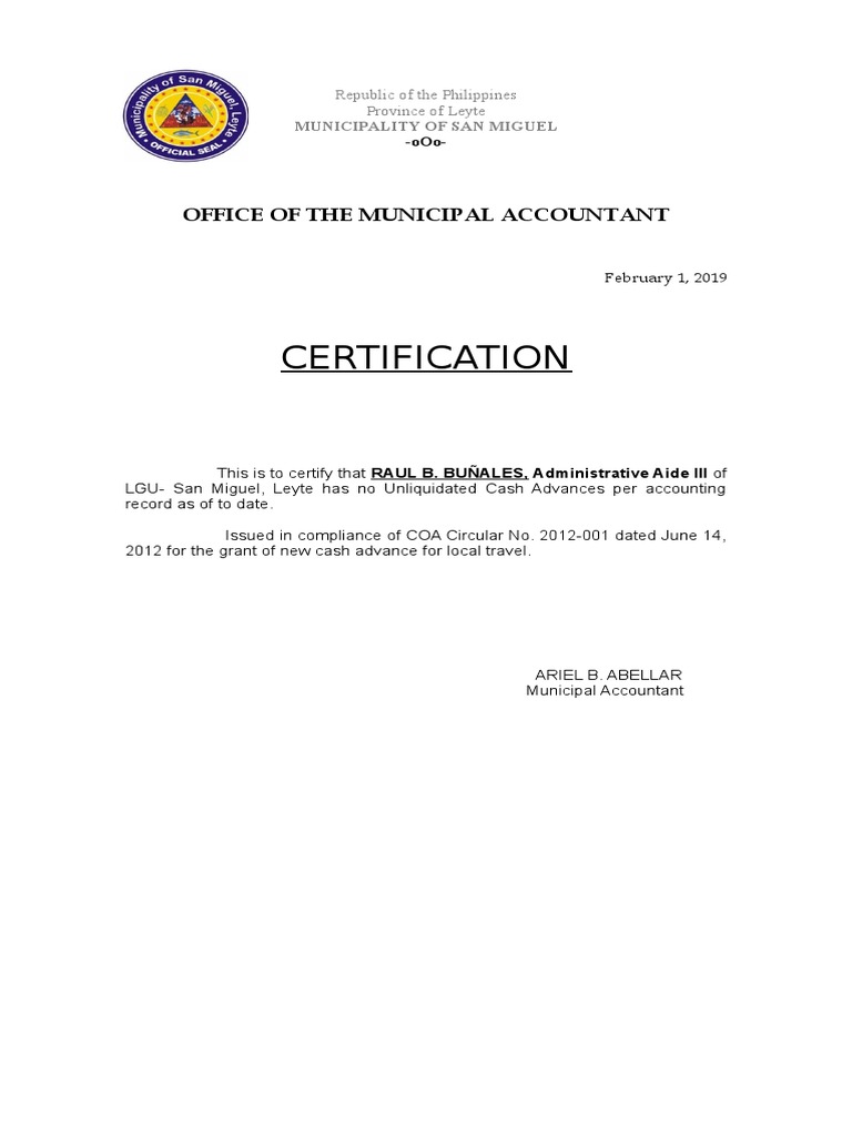 Cash Advance Certification | PDF