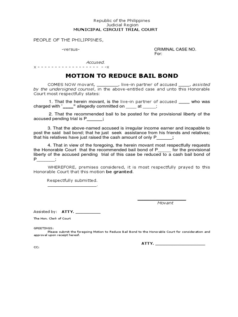 Sample Motion To Reduce Bail Bond | PDF