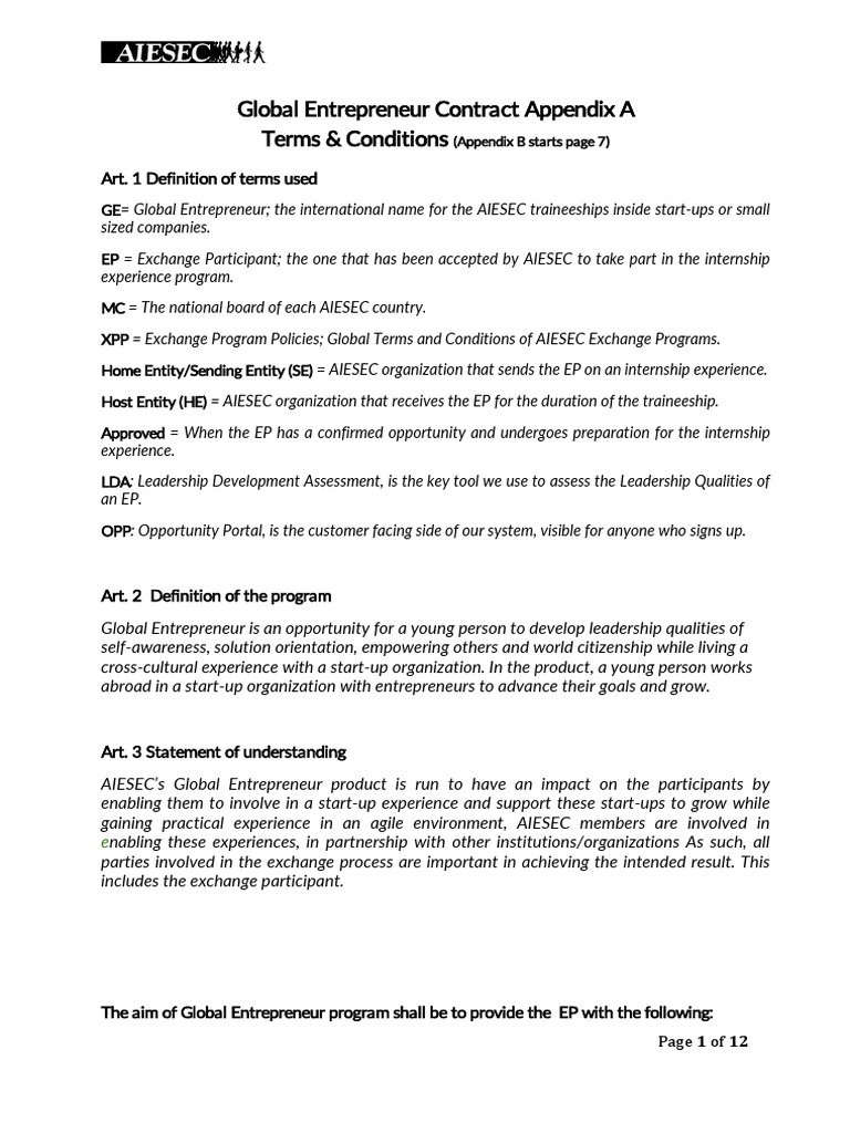 Global Entrepreneur Contract Appendix (XPPS) | PDF | Travel Visa ...