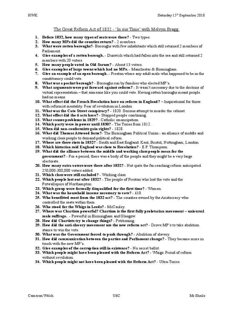 The Great Reform Act 1832 Notes | PDF | Political Events | Elections