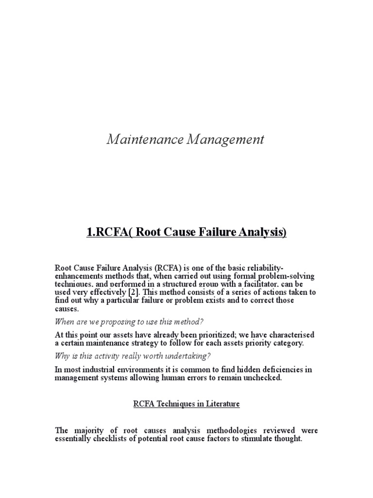 Maintenance Management: 1.RCFA (Root Cause Failure Analysis) | PDF ...