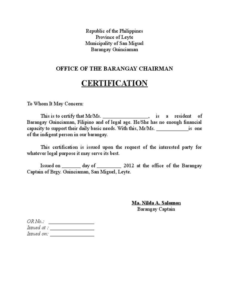 Barangay Indigency Certification Sample | PDF