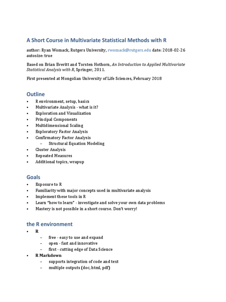 An Introduction To Multivariate Statistical Analysis And Data Visualization Using R Pdf