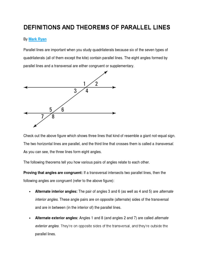 Definitions and Theorems of Parallel Lines | PDF | Angle | Classical ...