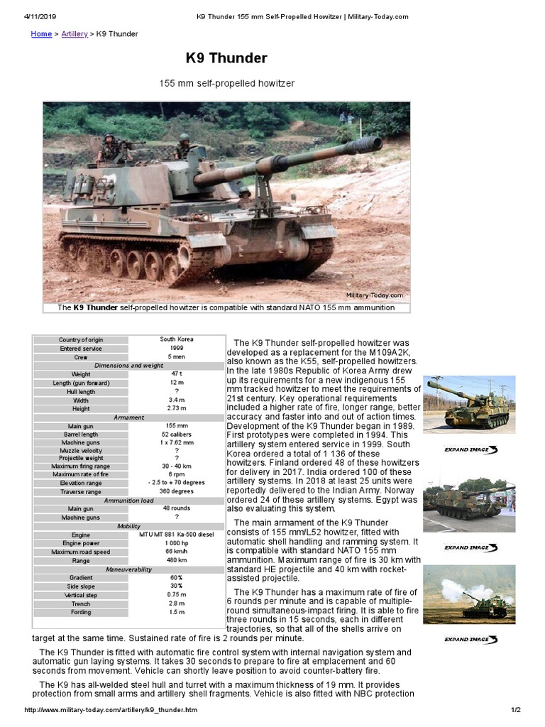 K9 Thunder 155 MM Self-Propelled Howitzer | PDF | Artillery | Military ...