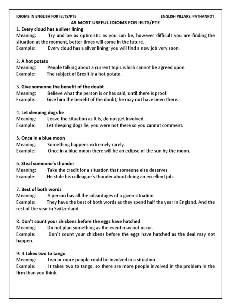 45 English Idioms for IELTS/PTE with Definitions and Examples | PDF ...