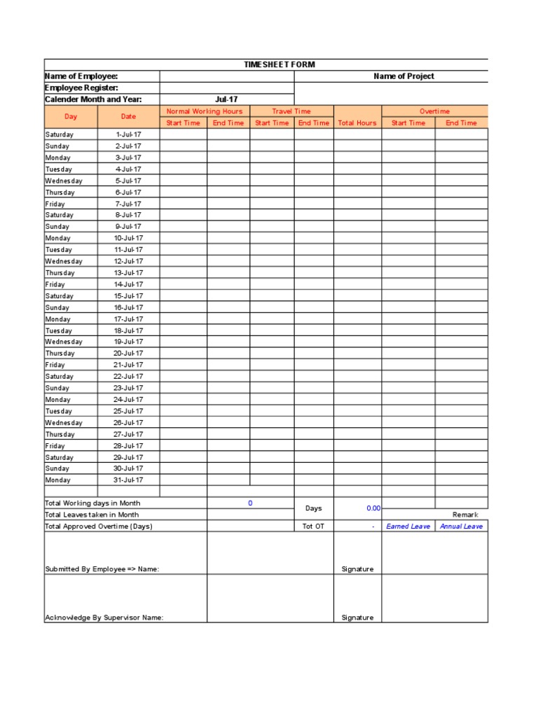 Timesheet Form Name of Employee: Name of Project Employee Register ...