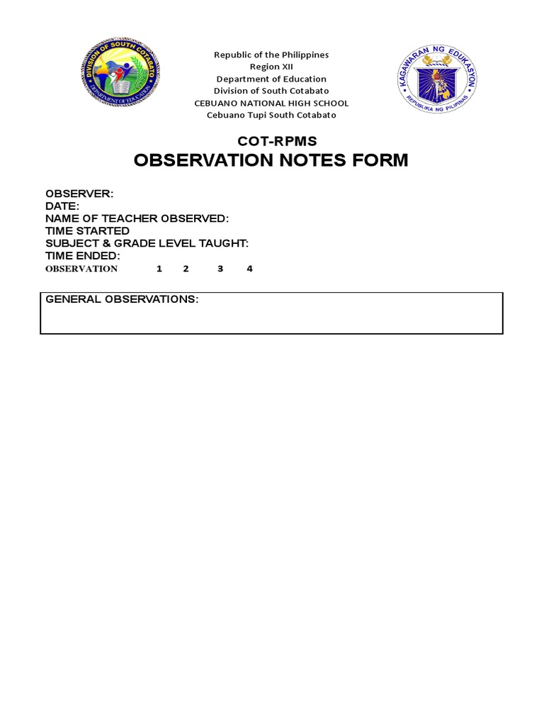 Observation Notes Form: Cot-Rpms | PDF