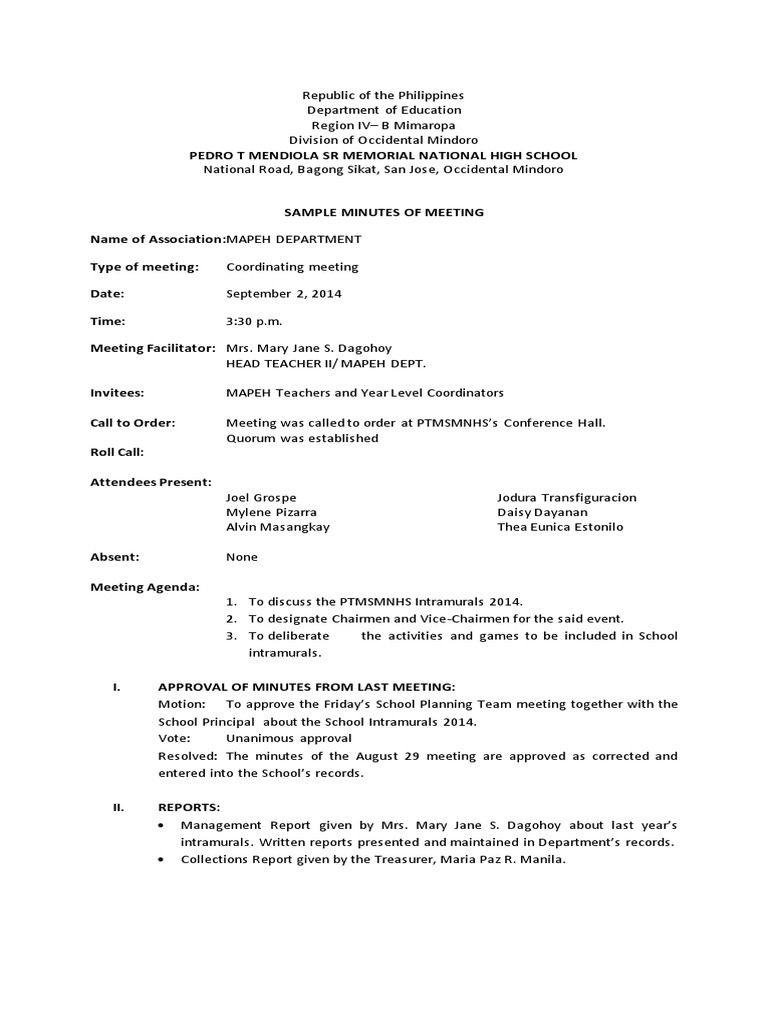 Sample Minutes of Meeting | PDF | Government