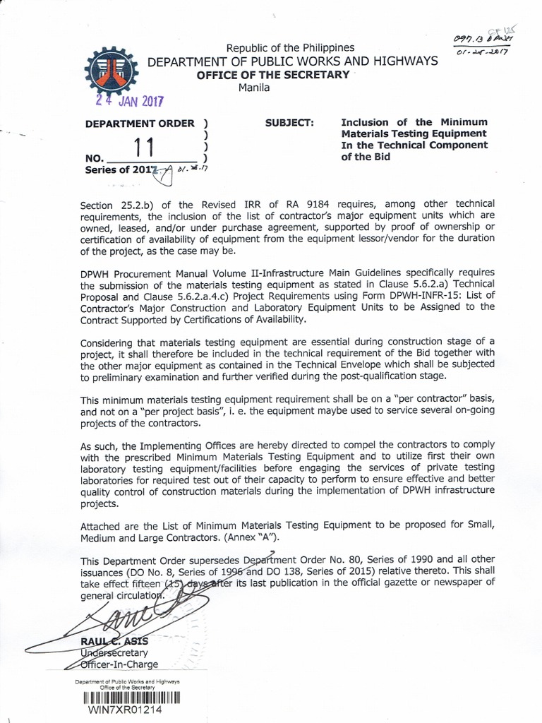 DPWH Minimum Testing Materials & Equipments During Technical Bid | PDF