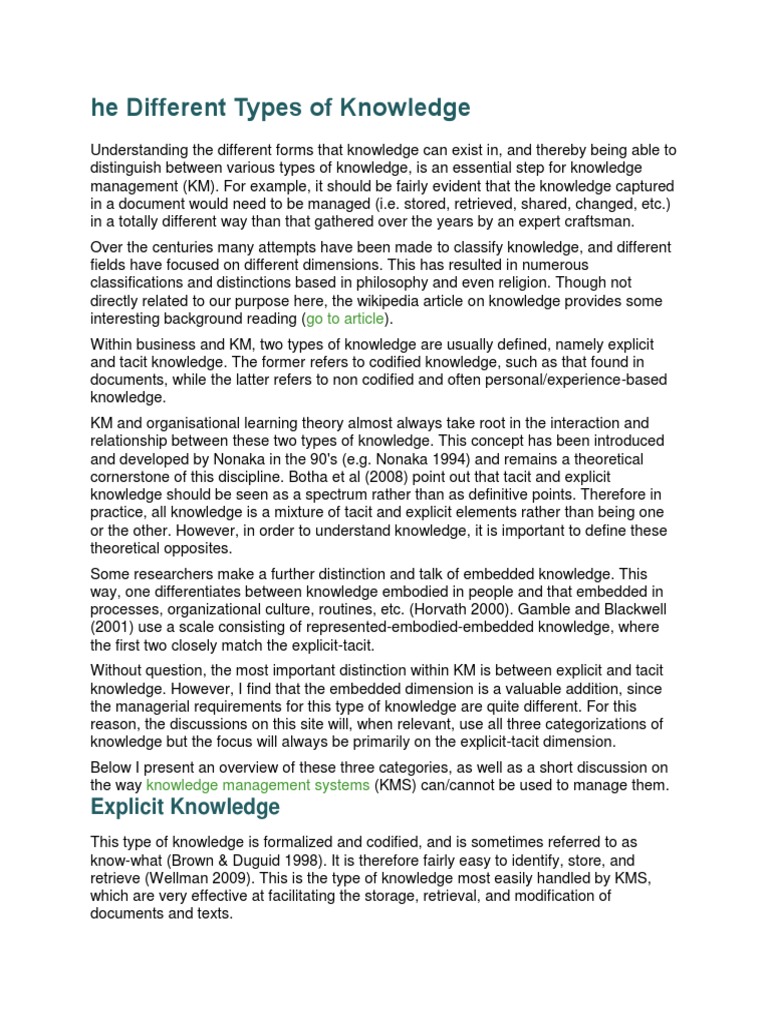 He Different Types of Knowledge | Download Free PDF | Tacit Knowledge ...