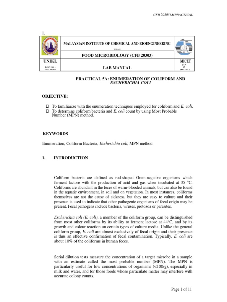 Food Microbiology (CFB 20303) Unikl Micet Lab Manual Practical 5A: Enumeration of Coliform and ...