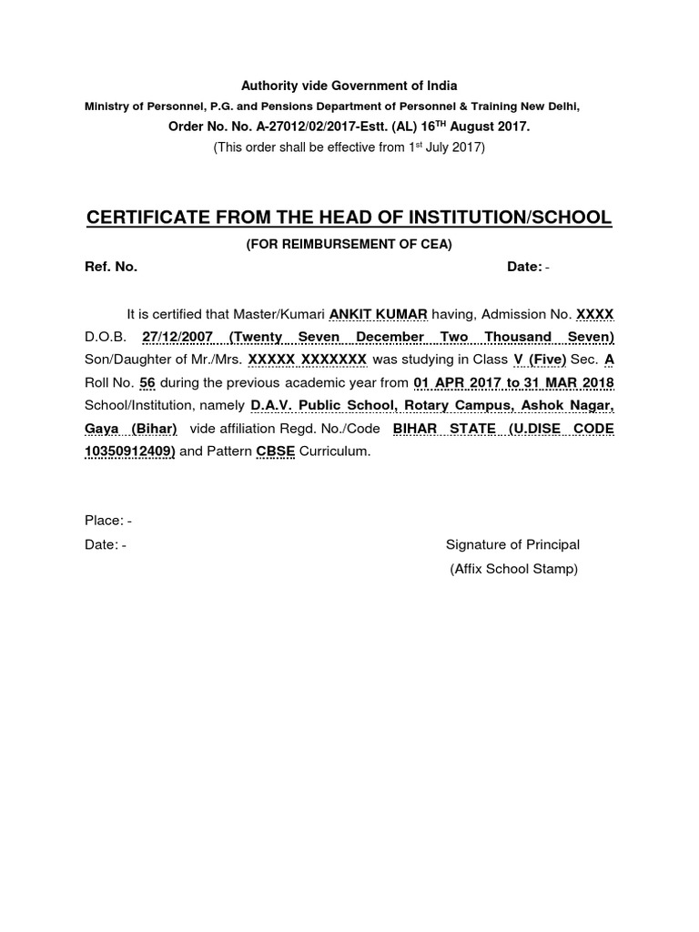 Certificate From The Head of Institution/School: Ref. No. Date | PDF