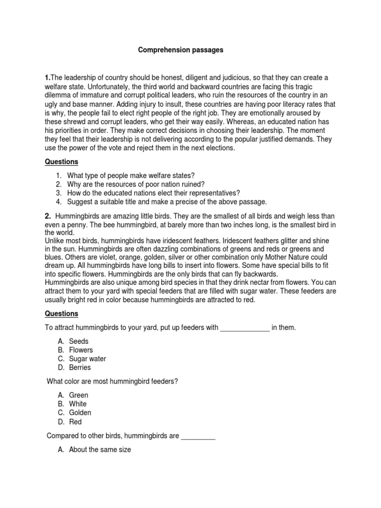 Comprehension Passages | PDF | Birds | Flowers