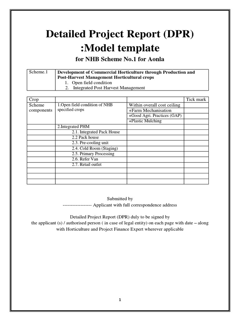 Detailed Project Report (DPR) :model Template: For NHB Scheme No.1 For ...
