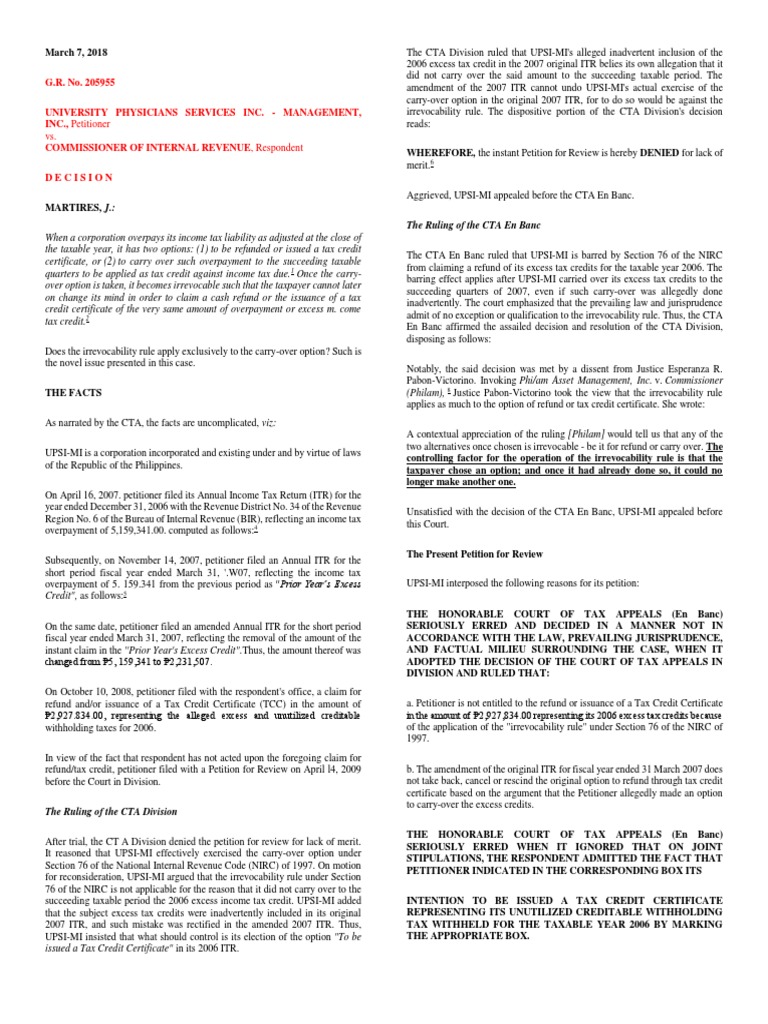 G.R. No. 205955: The Ruling of The CTA en Banc | PDF | Tax Refund | Tax ...