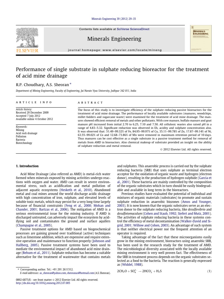 Sulphate Reducing Bioreactor for AMD Treatment | PDF | Ph | Anaerobic ...