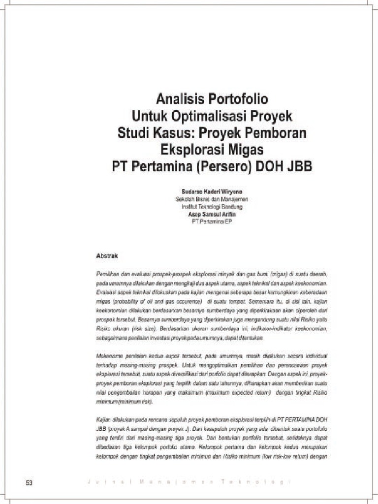 Analisis Portofolio Untuk Optimalisasi Proyek Studi Kasus, Proyek Pemboran Eksplorasi MIgas PT ...