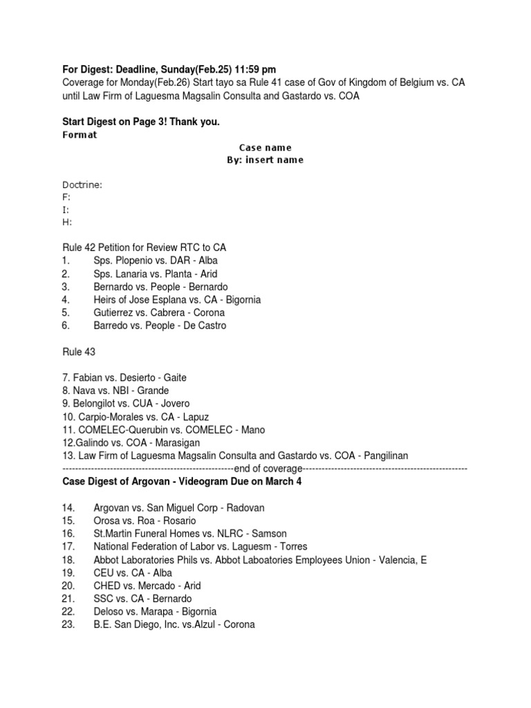 For Digest: Deadline, Sunday (Feb.25) 11:59 PM: Format Case Name By ...
