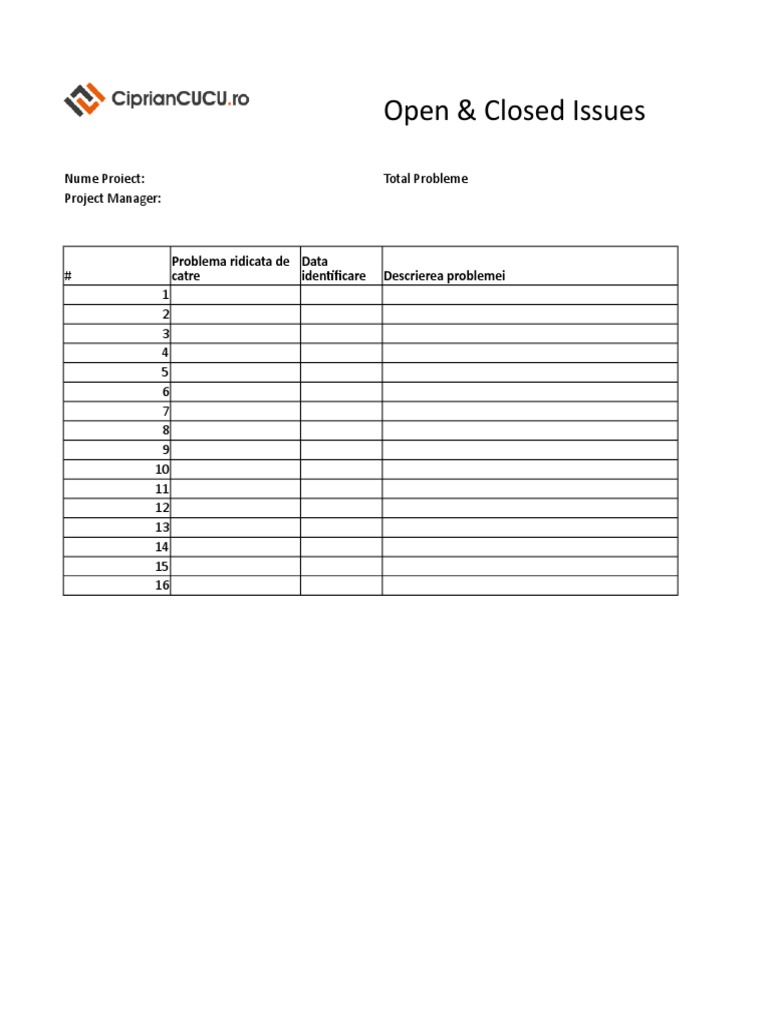 Open & Closed Issues: Nume Proiect: Total Probleme Project Manager | PDF