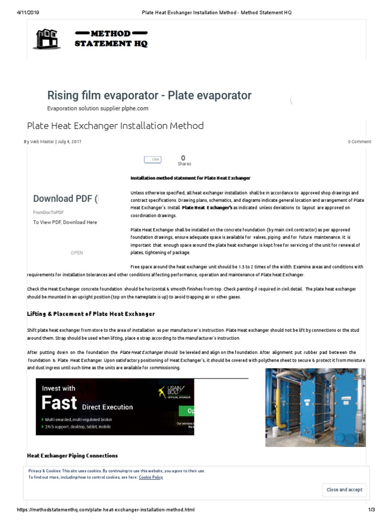 Plate Heat Exchanger Installation Method - Method Statement HQ | PDF ...