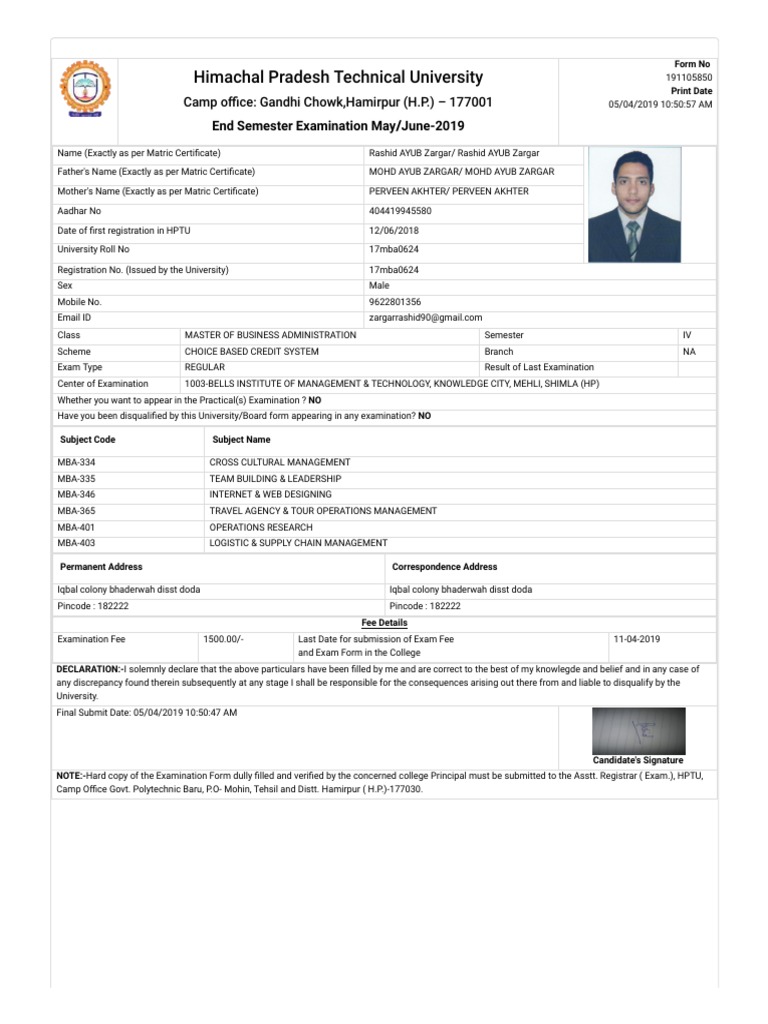 HPTU End Semester Exam Form 2019 | PDF | Government | Business