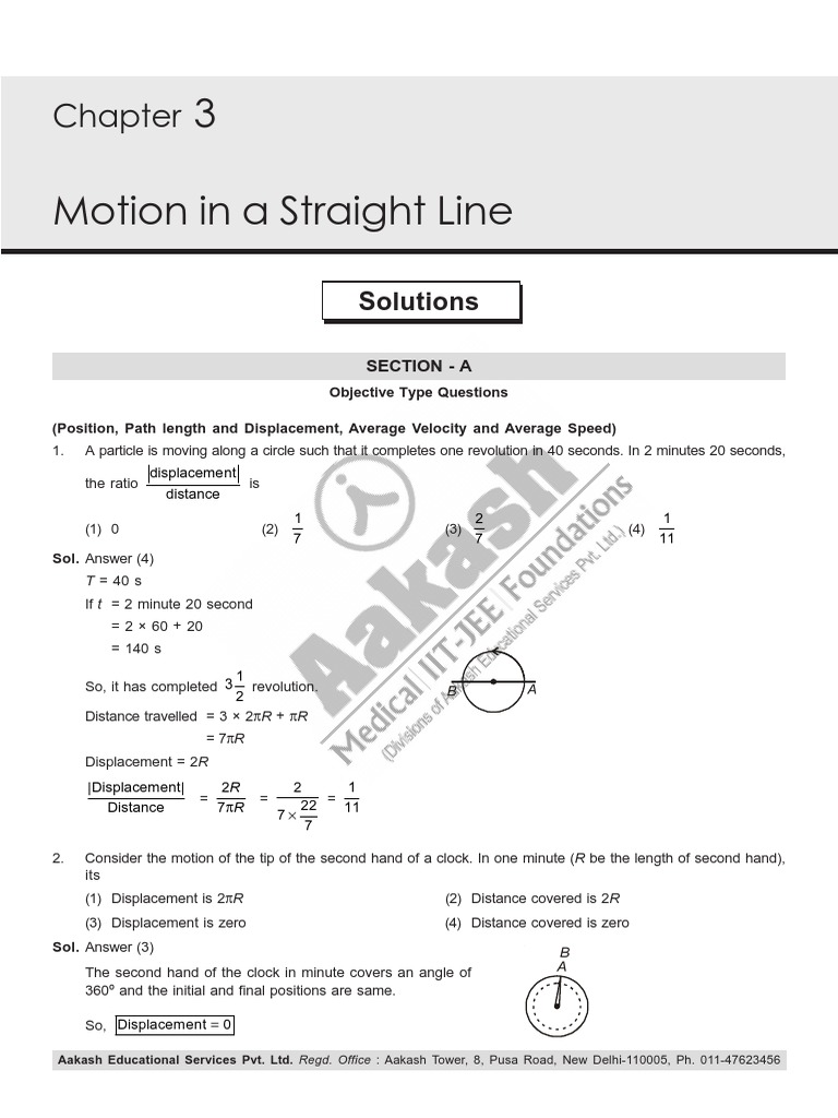 Motion in a Straight Line: Solutions to Objective Type Questions on Position, Path Length ...