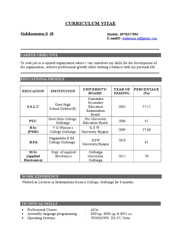 Curriculum Vitae Siddamma.S .H: Career Objective | PDF | Learning | Behavior Modification