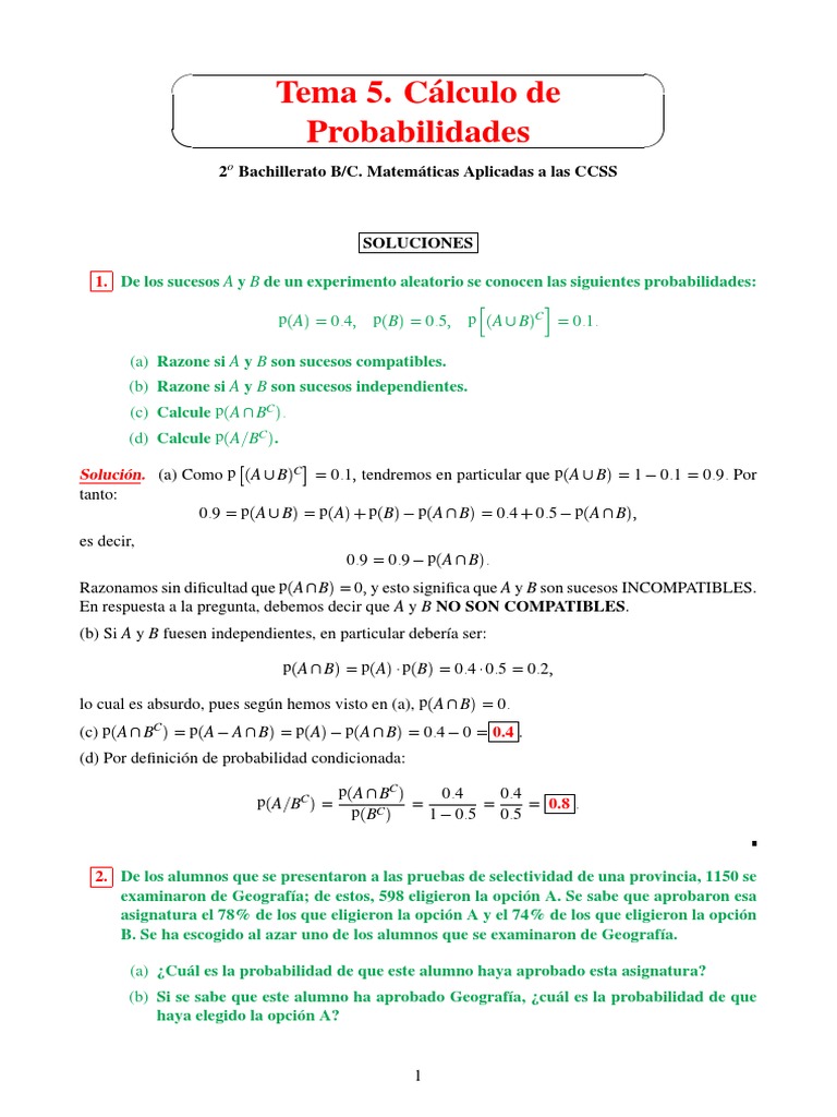 Tema 5. Calculo de Probabilidades. Curso 2017 - 18 - SOLUCIONES | Descargar gratis PDF ...
