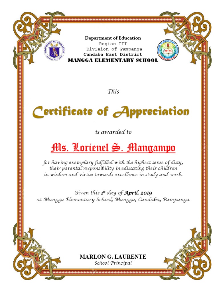 Parents of Honor Pupils - Certificate - Grad 2019 | PDF
