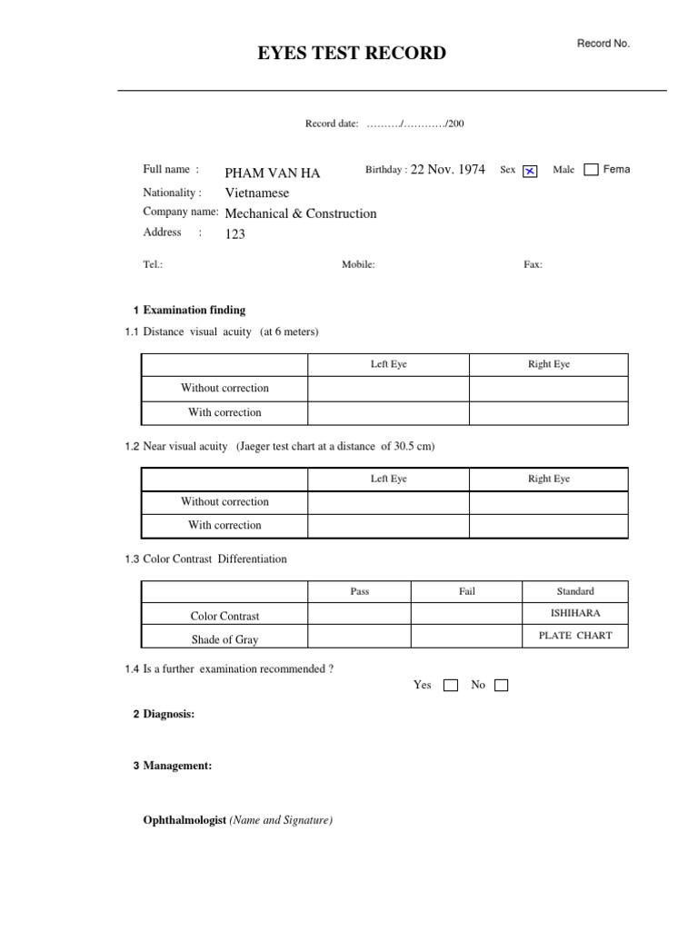 Eyes Test Record: Pham Van Ha Vietnamese Mechanical & Construction 123 ...
