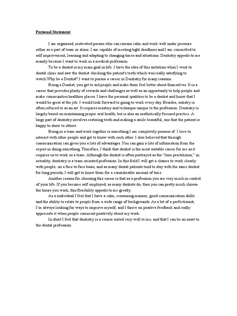 Personal Statement Dentistry | PDF | Dentistry | Psychological Concepts