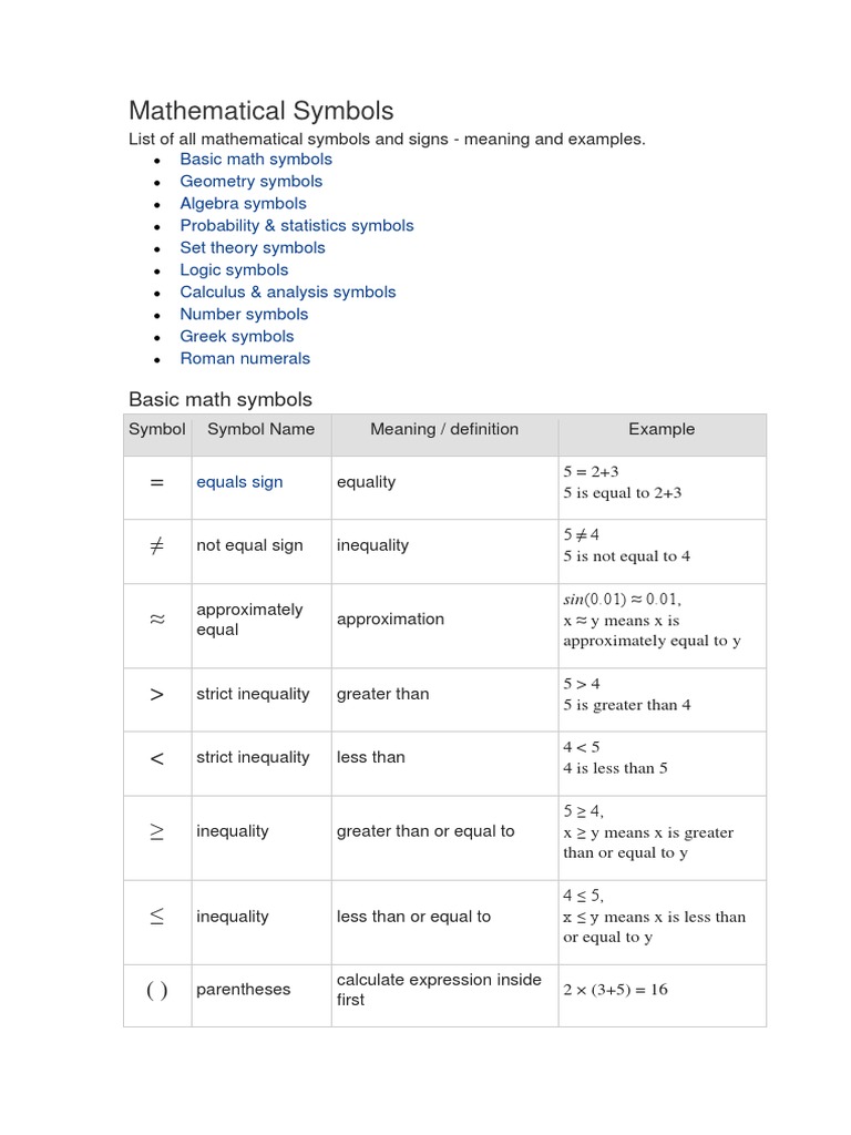 Comprehensive Mathematical Symbols Guide | PDF | Minute And Second Of ...