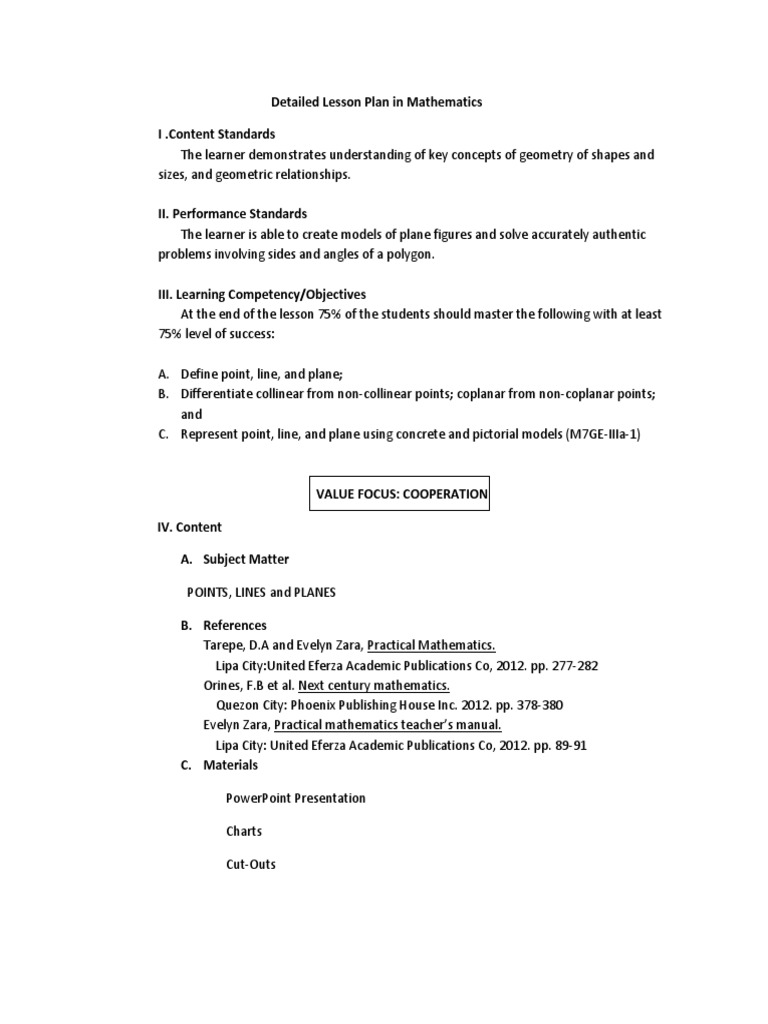 Detailed Lesson Plan in Mathematics I .Content Standards | PDF | Line ...