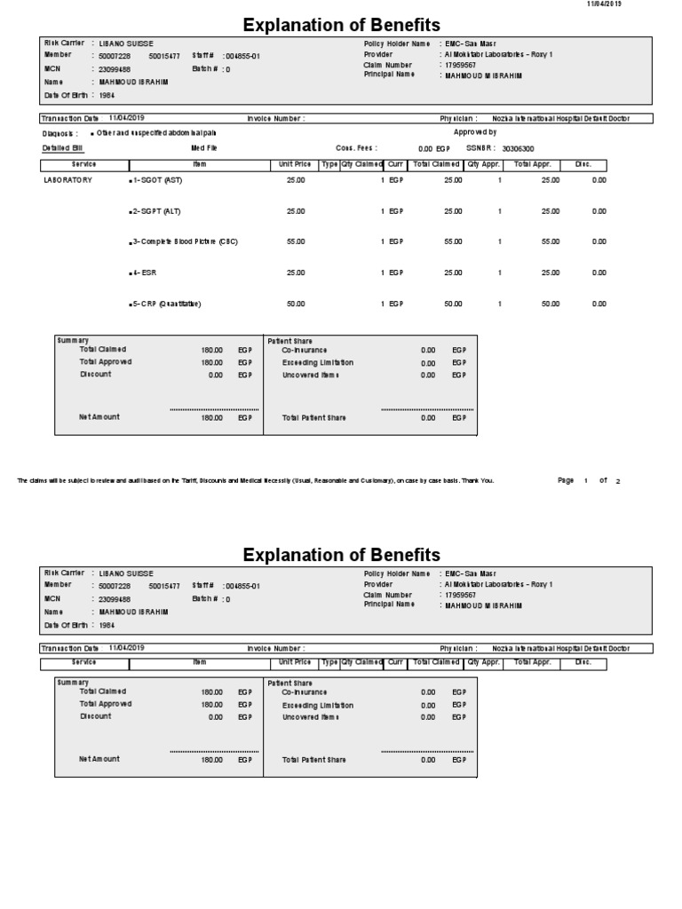 Explanation of Benefits | PDF | Health Sciences | Health Care