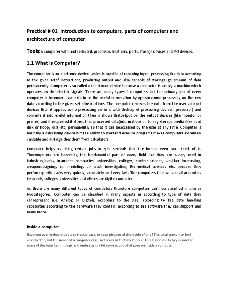 Practical # 01: Introduction To Computers, Parts of Computers and Architecture of Computer Tools ...