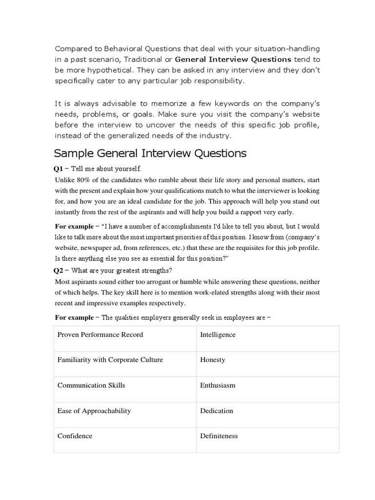 Sample General Interview Questions: Q1 Tell Me About Yourself | PDF ...