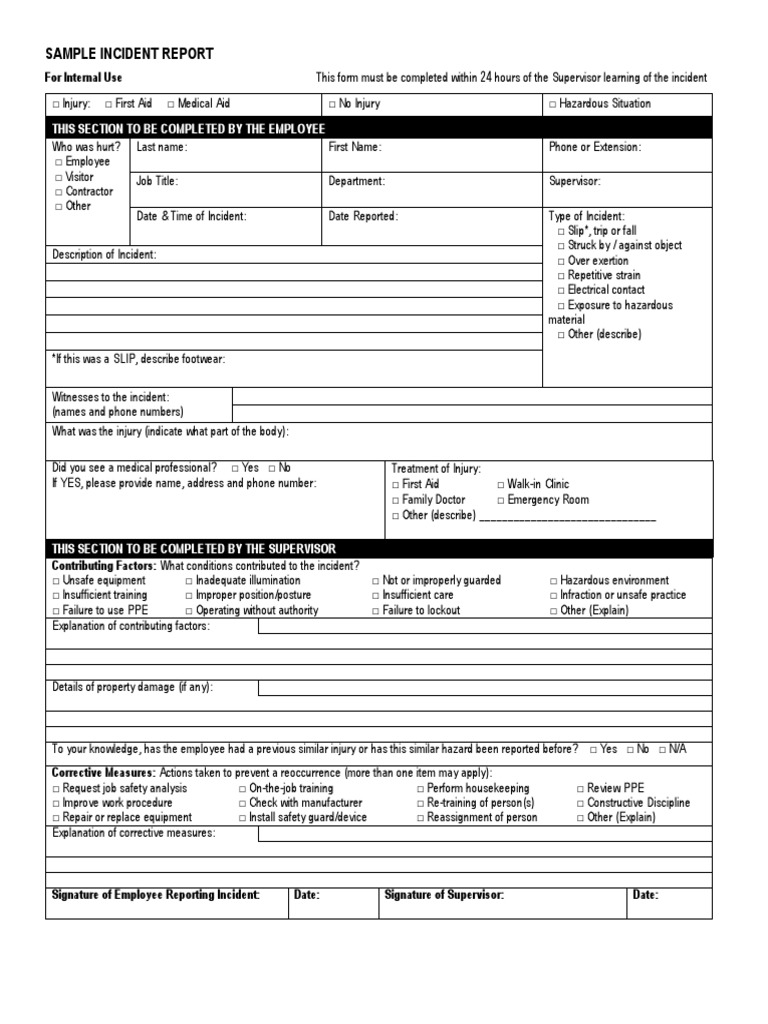 Sample Incident Report: This Section To Be Completed by The Employee ...
