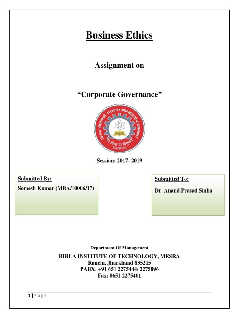 Business Ethics: Assignment On | PDF | Corporate Governance | Board Of ...