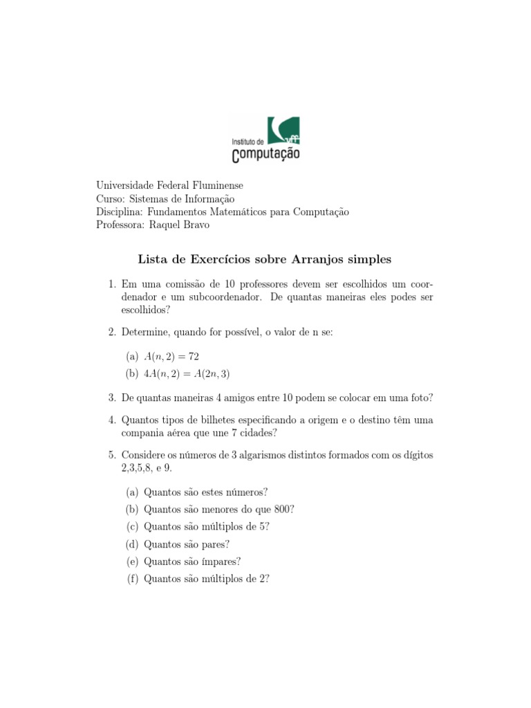 Exercícios de Arranjos Matemáticos | PDF