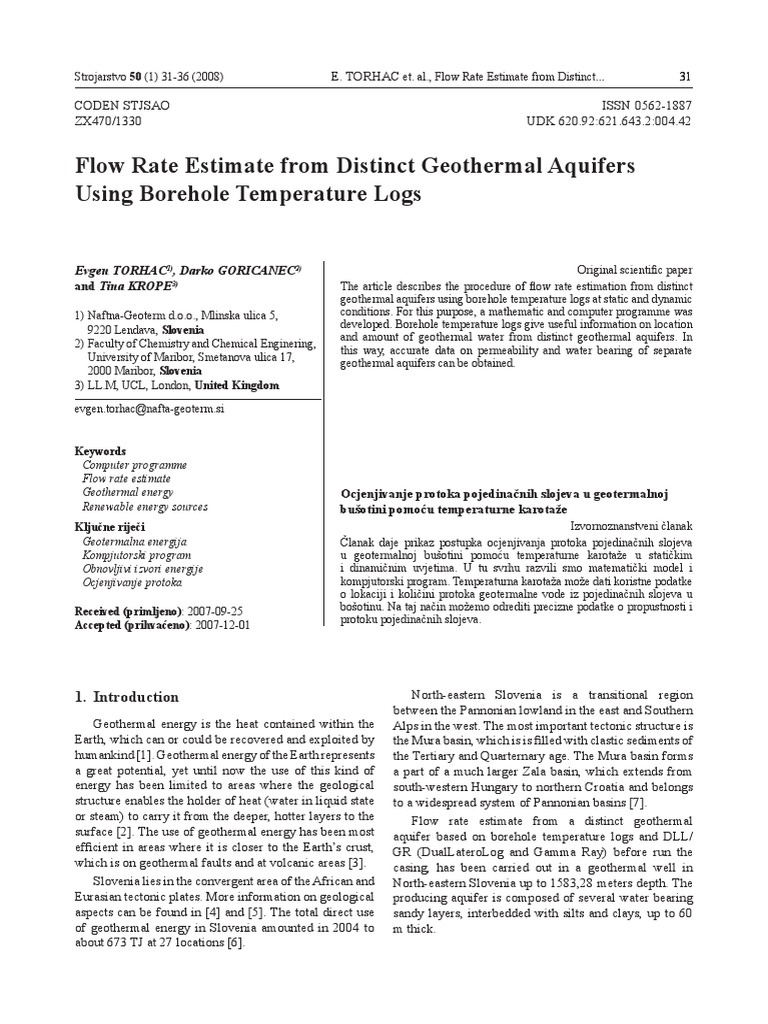 Flow Rate Estimate From Distinct Geothermal Aquifers Using Borehole Temperature Logs | PDF ...