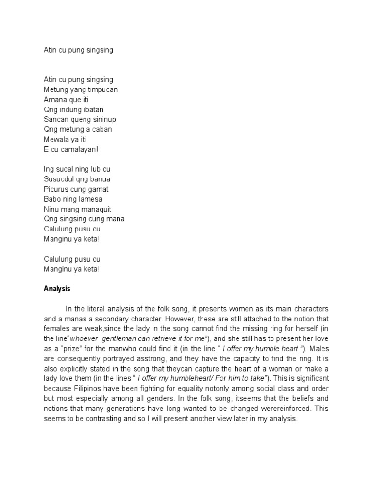 Meaning and Analysis of Atin Cu Pung Singsing | PDF | Philippines ...