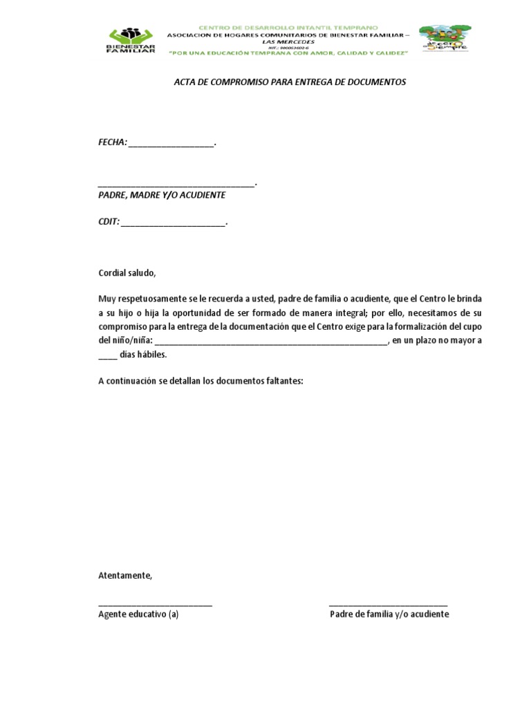 Acta de Compromiso para Entrega de Documentos | PDF