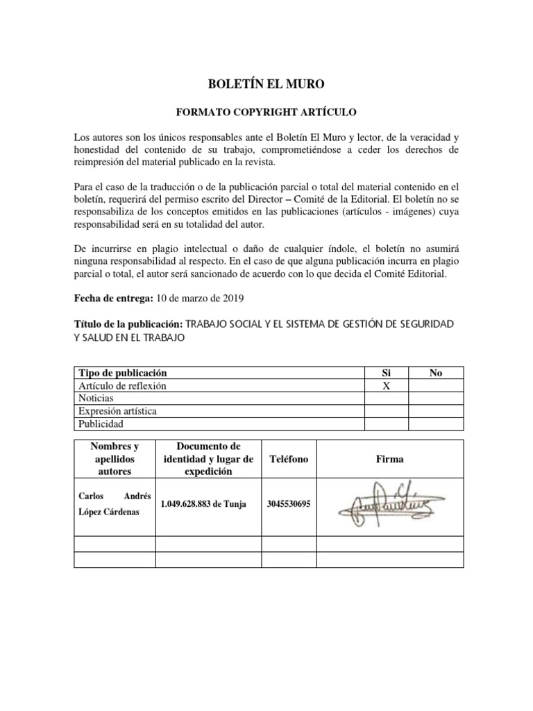 Formato Copyright Boletin El Muro PDF | PDF | Derechos de autor | Plagio